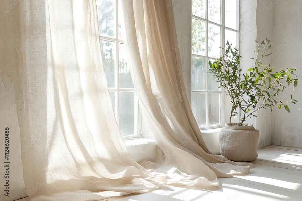 Sunlit room with sheer curtains and plant pot. Stock Photo | Adobe Stock