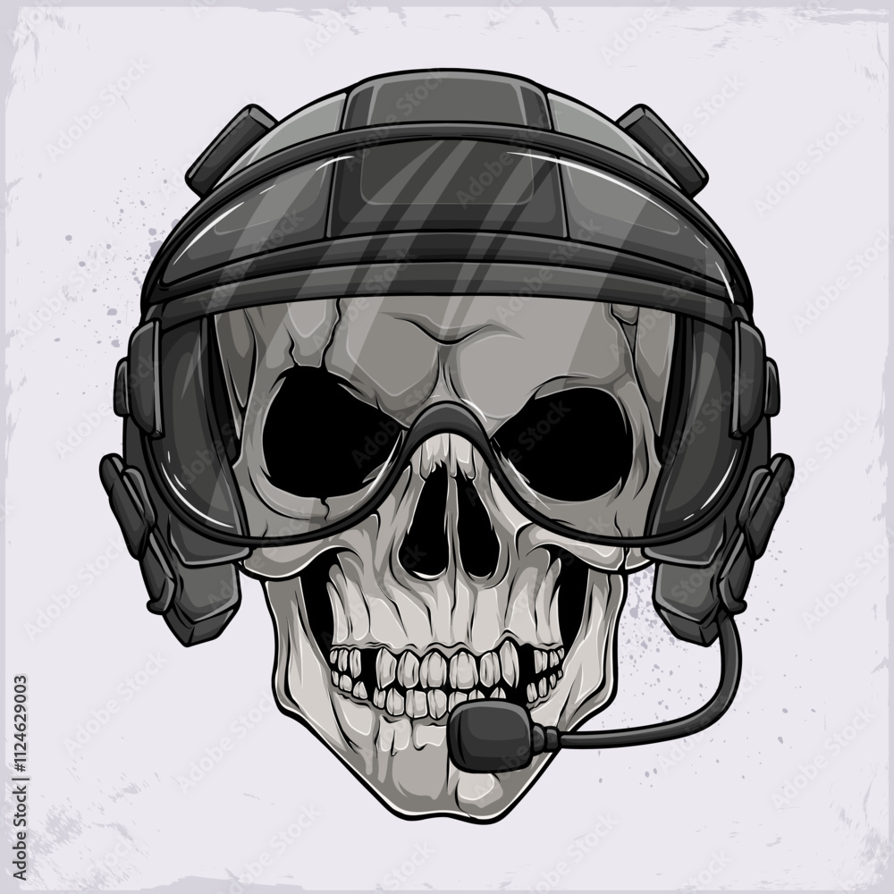 Hand drawn human skull head wearing grey military falcon fighter jet ...