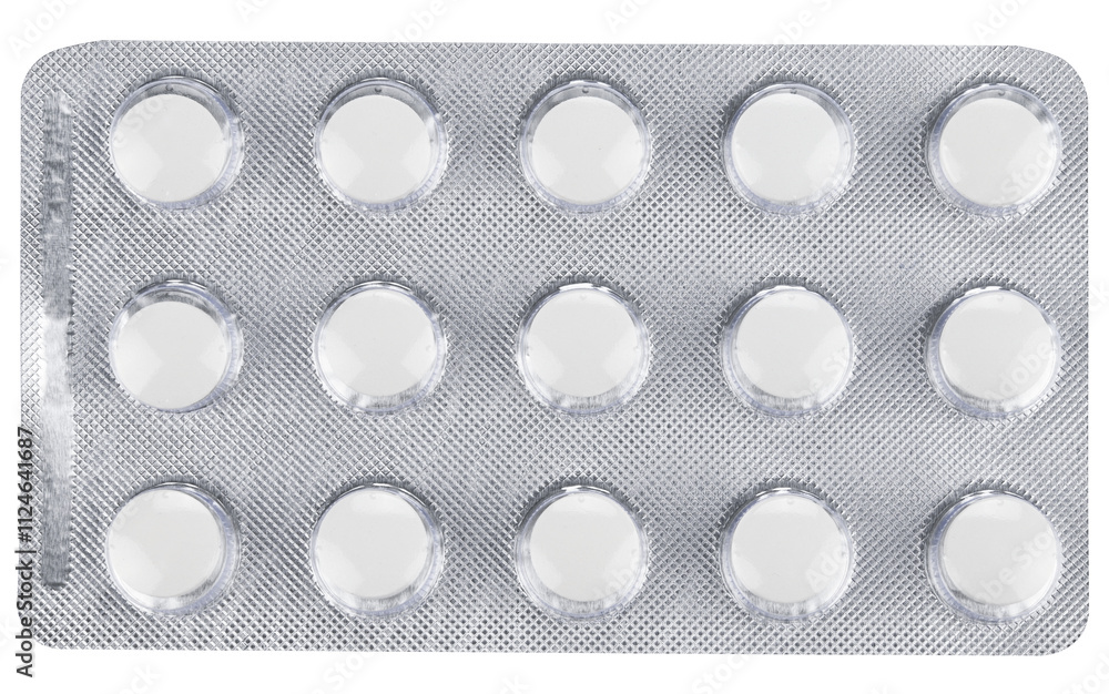 Round tablets in a blister pack isolated on a transparent background ...