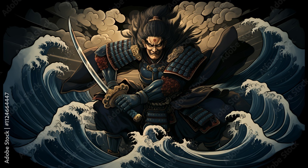 A dynamic depiction of Susanoo, the storm god, in warrior attire ...