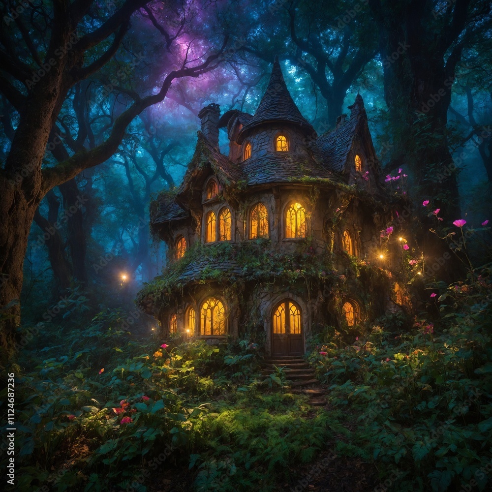 "Create an enchanted forest scene featuring a mystical house nestled ...