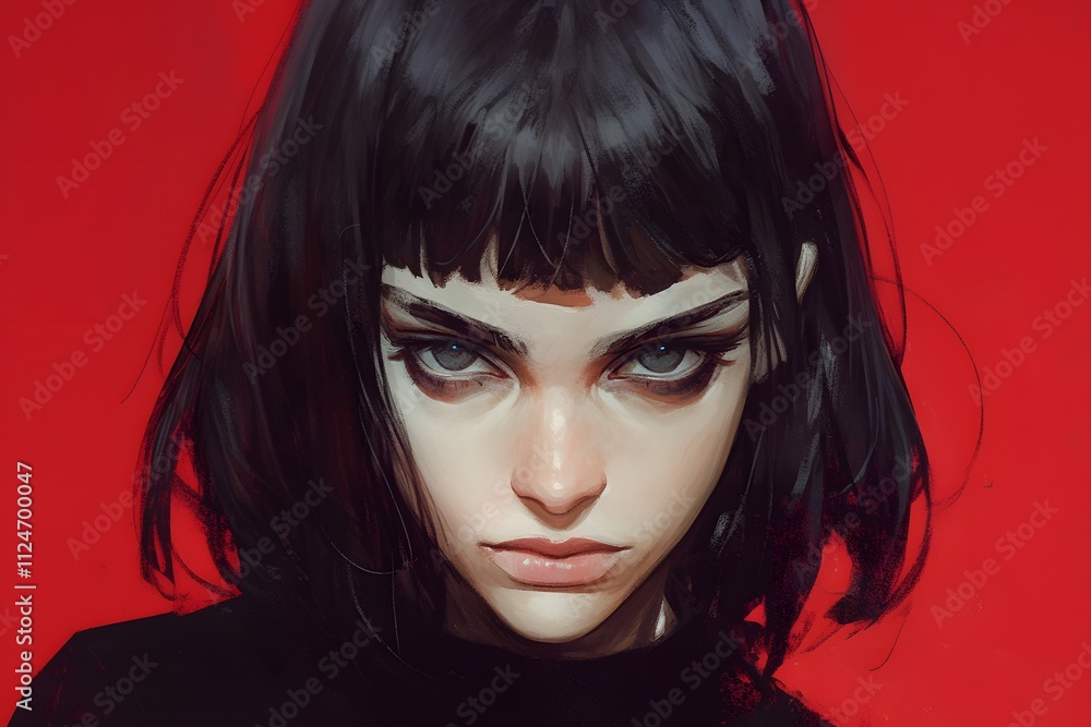 Beautiful woman and sharp eyes black hair black eyes techwear ...