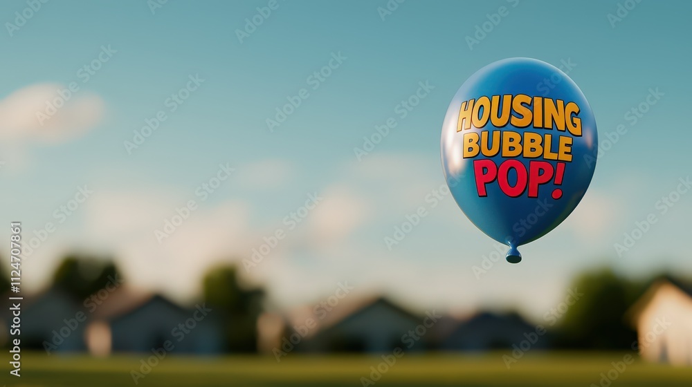 Giant cartoon housing bubble floating over suburban neighborhood during ...