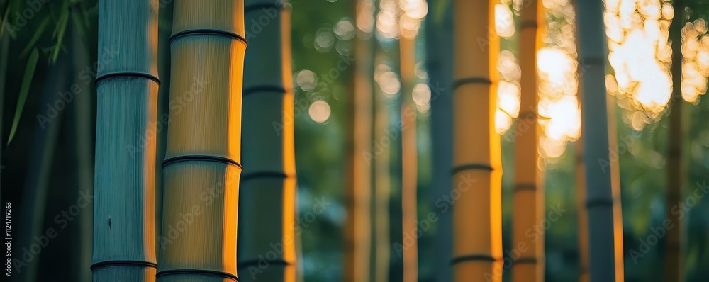 Tall bamboo forest captured at sunrise, symbolizing peace, harmony, and ...