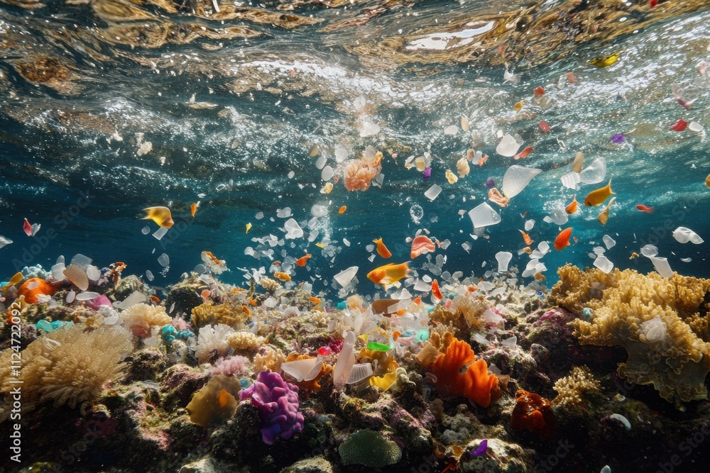 Microplastic particles disrupting coral reefs underwater scene nature ...