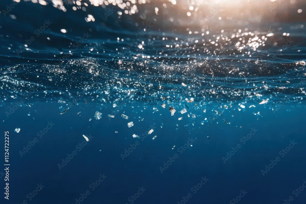Microplastic particles floating in clear blue ocean water underwater ...