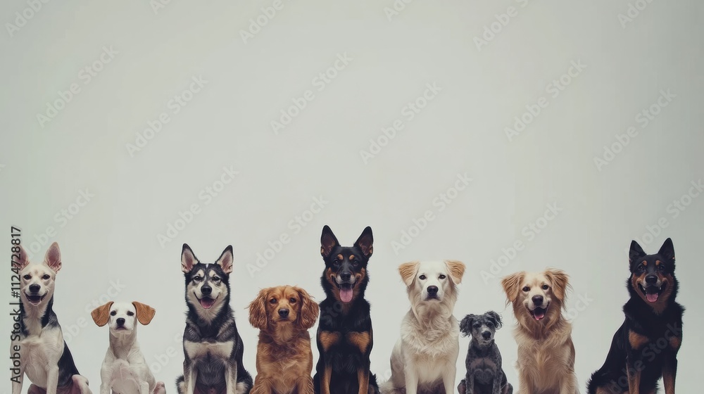 Stock-Foto „Various breeds and sizes of dogs sit calmly together ...