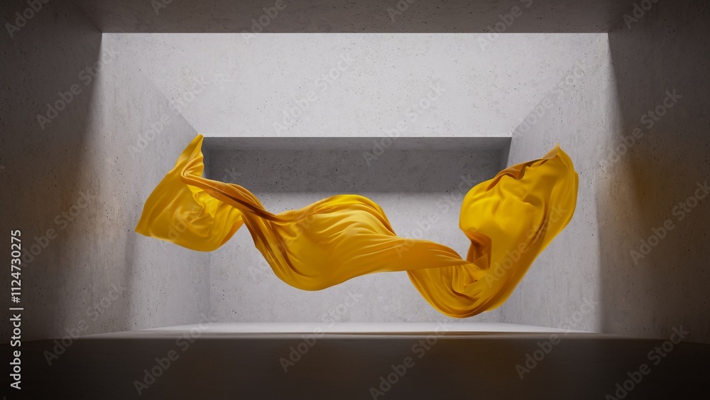 3d rendering. Minimalist fashion background with yellow silk drapery ...
