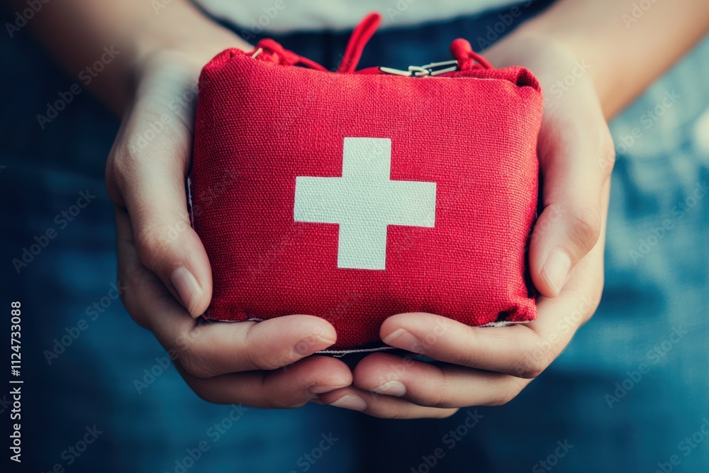 First aid kit red bag white cross medical emergency hands holding close ...