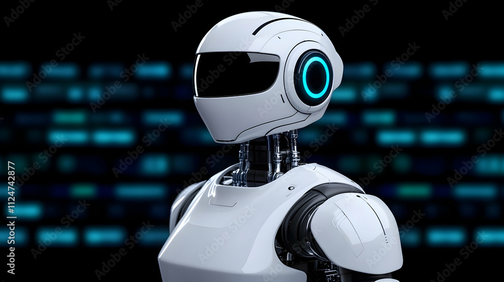 Futuristic white humanoid robot glancing to the left with digital ...