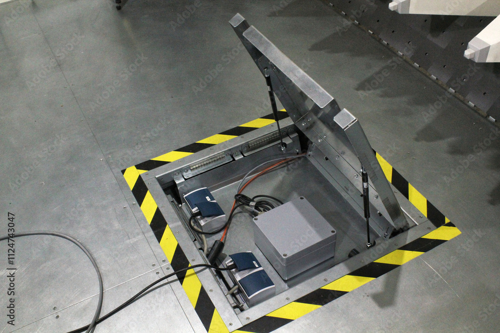 Close-up of open floor access panel with yellow and black caution tape ...