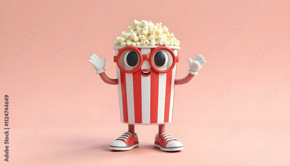 Cartoon retro groovy fast food popcorn bucket character with 3d movie ...