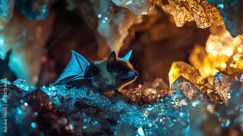 Crystal cave miniature with a tiny bat, sparkling textures, glowing ...
