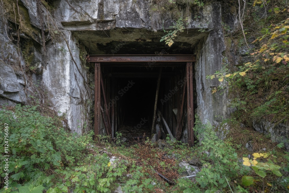 Exploration of an old abandoned mine entrance surrounded by overgrowth ...