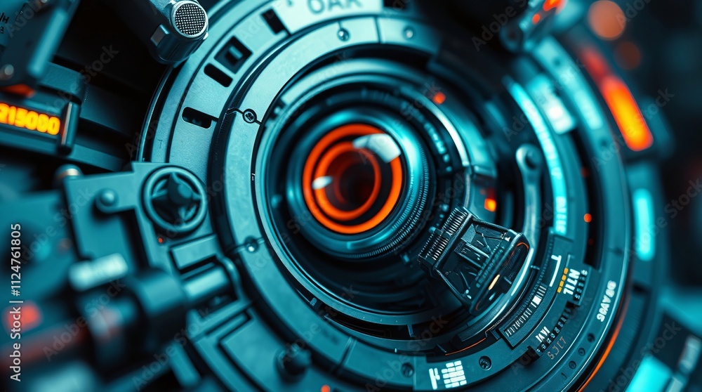 Cybernetic Eye: Close-up of a futuristic, intricate technological lens ...