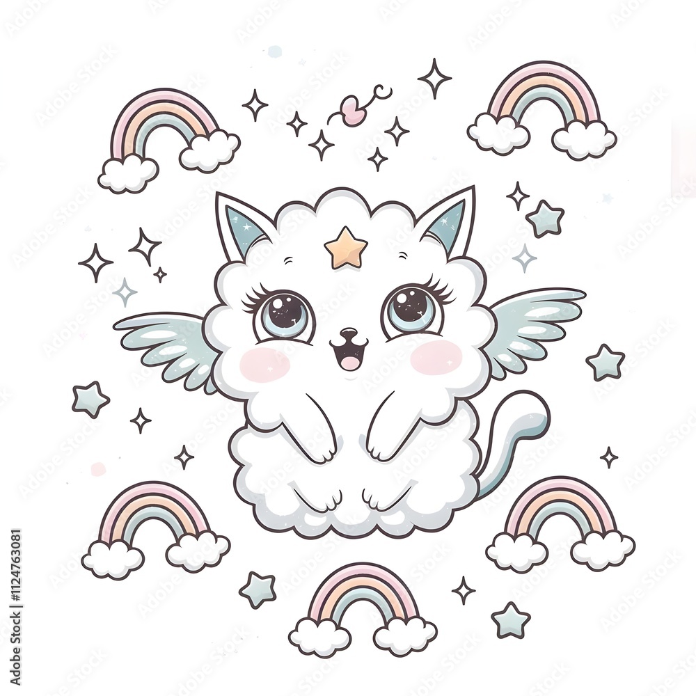 illustration of a cute cloud cat with tiny wings and a star surrounded ...