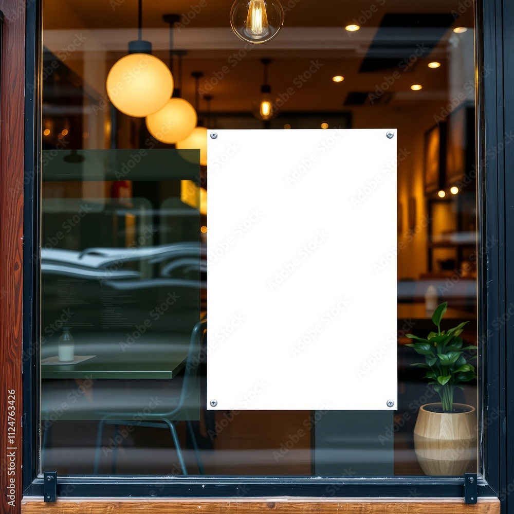 Storefront window, blank white poster, glowing spherical lamps, warm ...