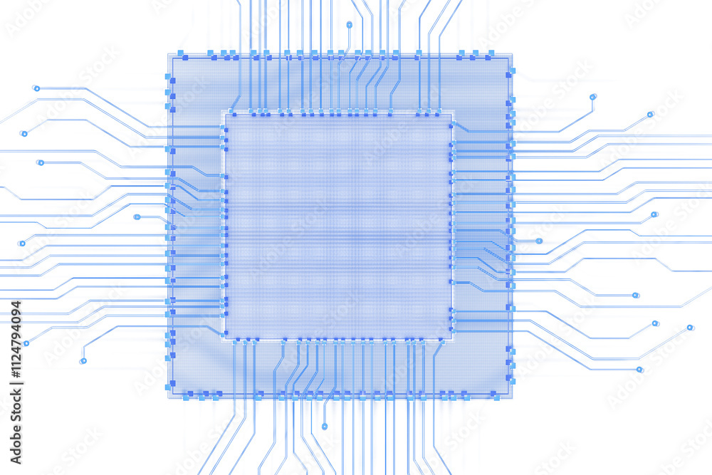 Abstract blue microchip design with intricate circuit lines, grid ...