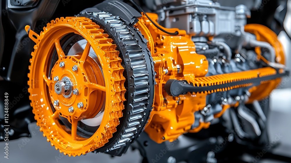Mechanics repair engine restoration. A close-up of a vibrant orange ...