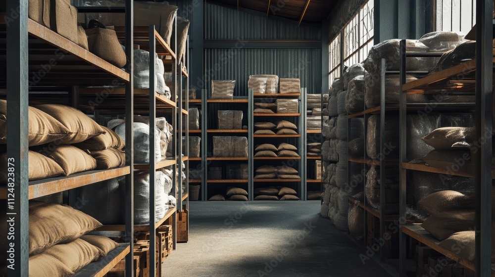 Warehouse interior with tall shelving units filled with bags of ...