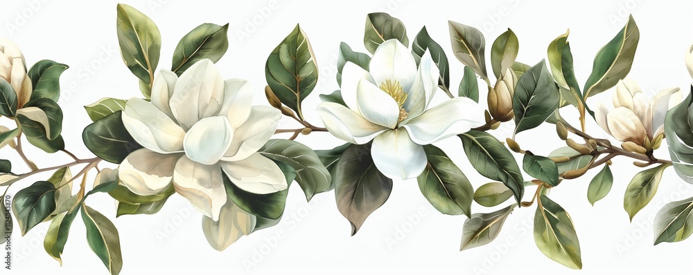 White Magnolia Flower and Green Leaves, Vintage Floral Pattern Clipart ...