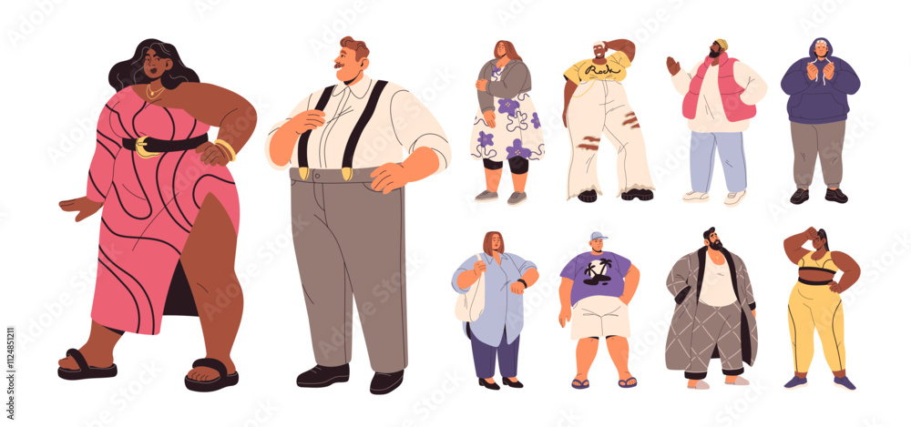Set of diverse heavy people with overweight. Body positive, fat ...
