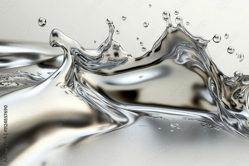 Metallic silver fluid creates a dynamic splash with fine droplets ...