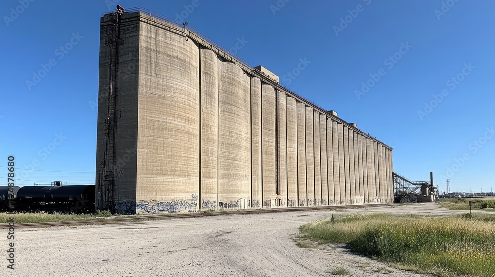 Bulk grain storage facility, massive silos under a clear blue sky, a ...