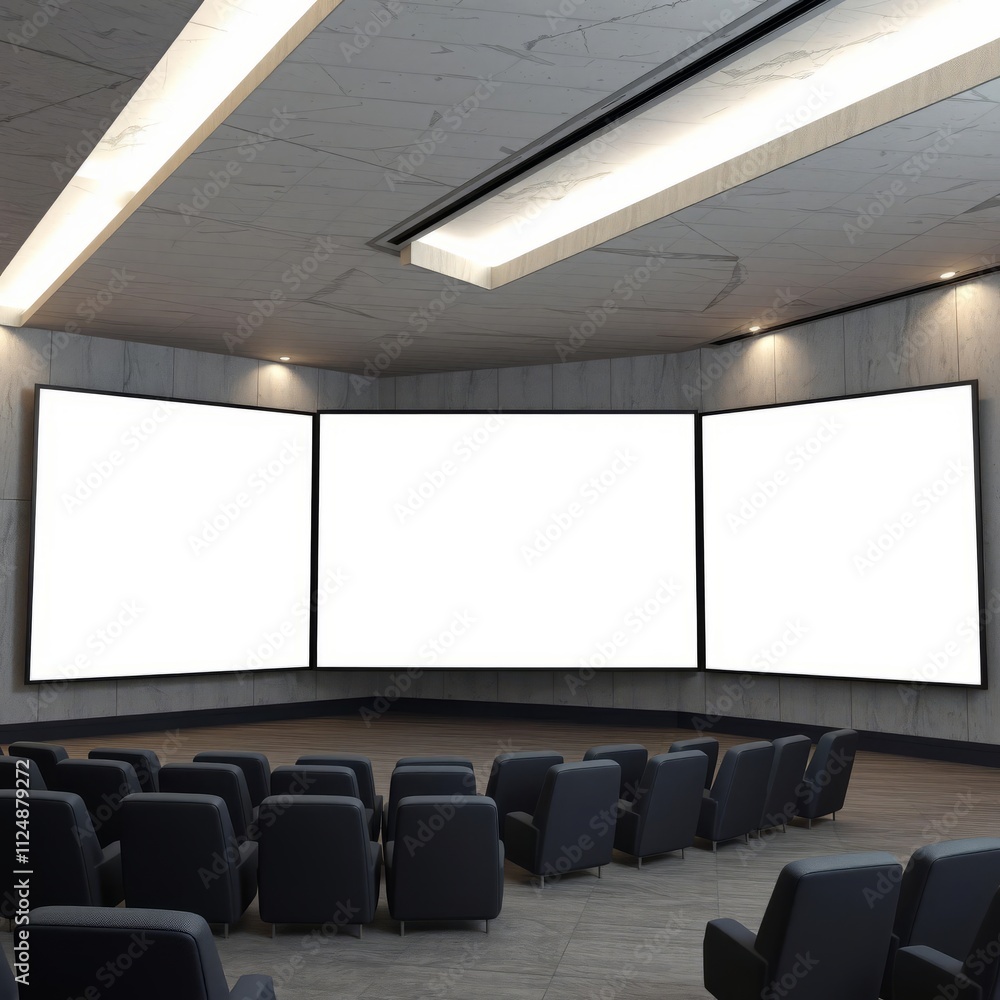 Foto de Stock Blank white rectangular screen in interior with concrete ...