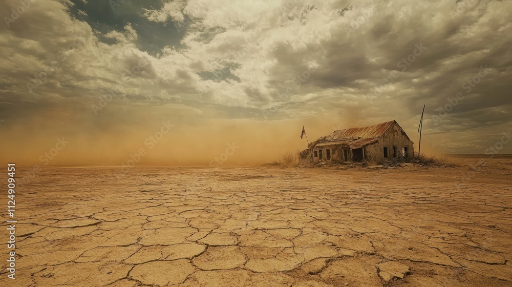 Barren land with the rusting remains of government buildings, its flag ...