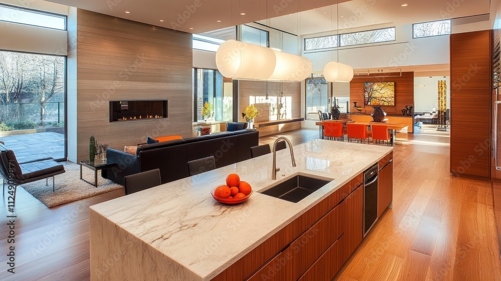 Contemporary floor plan with an integrated kitchen island and living ...