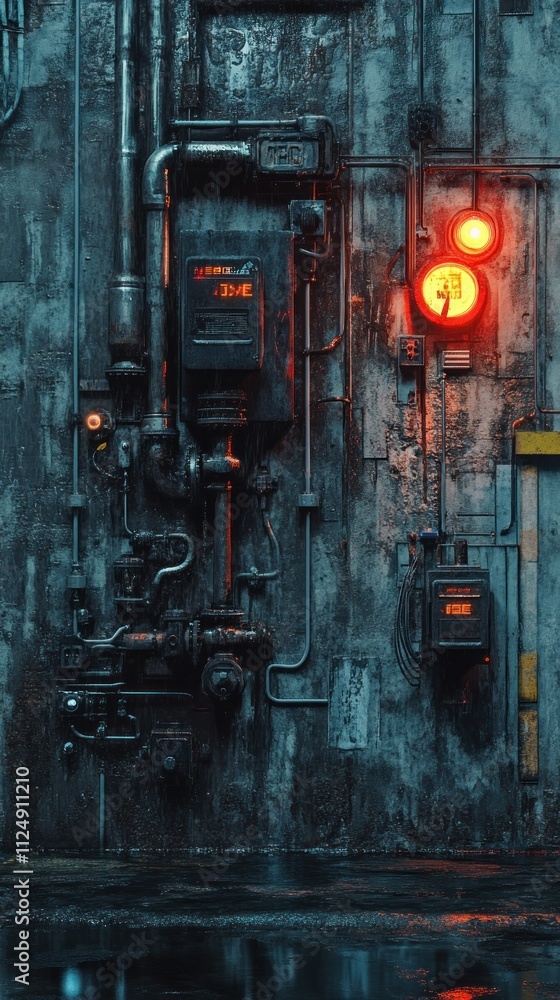 Cyberpunk industrial wall with exposed gears, pneumatic pumps and neon ...