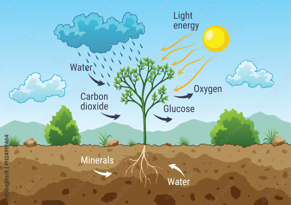 Photosynthesis process. Tree produce oxygen using rain and sun. Diagram ...