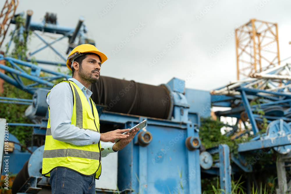 Confident construction male crane operator wearing a yellow hard hat ...