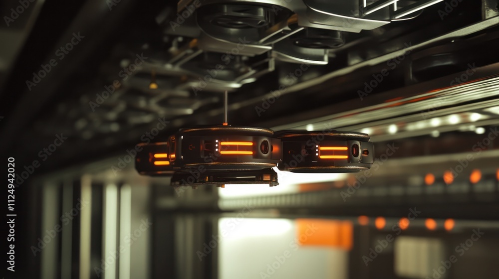 AI-driven logistics drones restocking materials from overhead racks ...