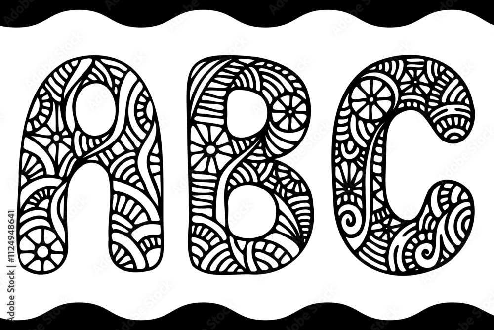 Letter A, B and C line art decorated, stylized designs. ABC alphabet ...