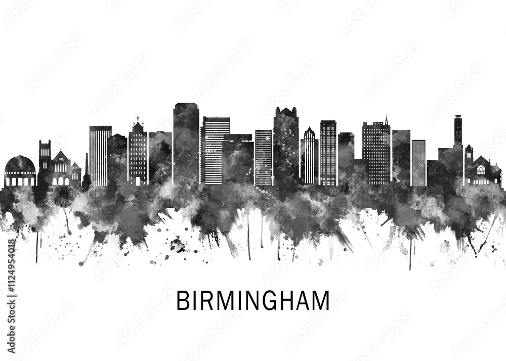 Birmingham Alabama Skyline BW, travel art illustration urban modern ...
