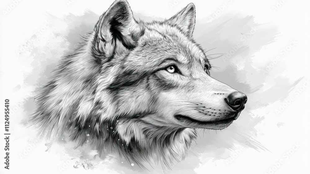 Majestic wolf portrait in grayscale, detailed fur texture and intense ...