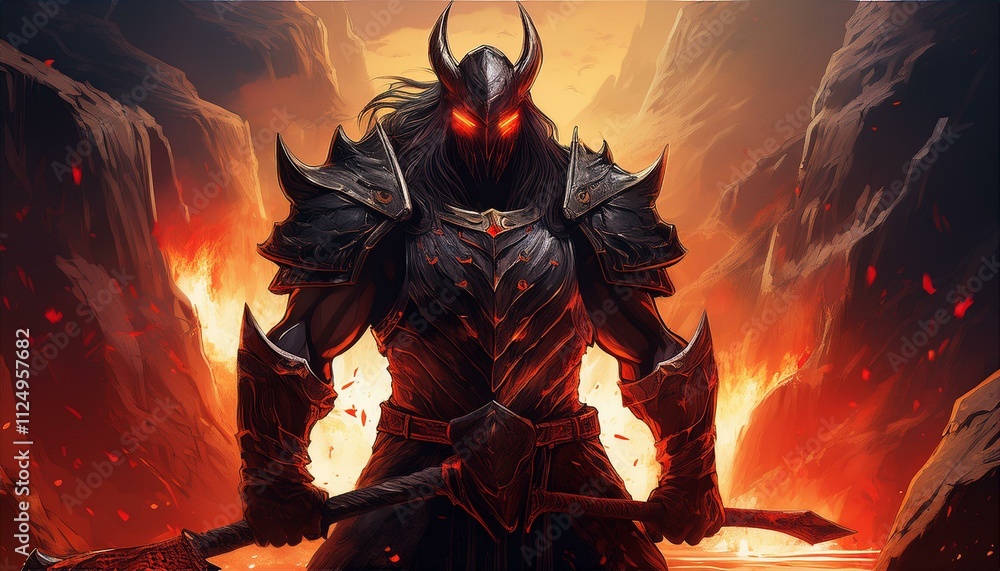 emerges as a towering warrior with glowing red eyes and obsidian armor ...