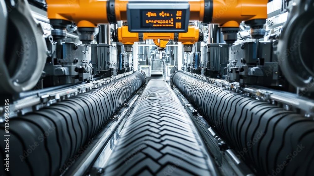 Car tire assembly line with robotic arms fitting treads, rollers ...