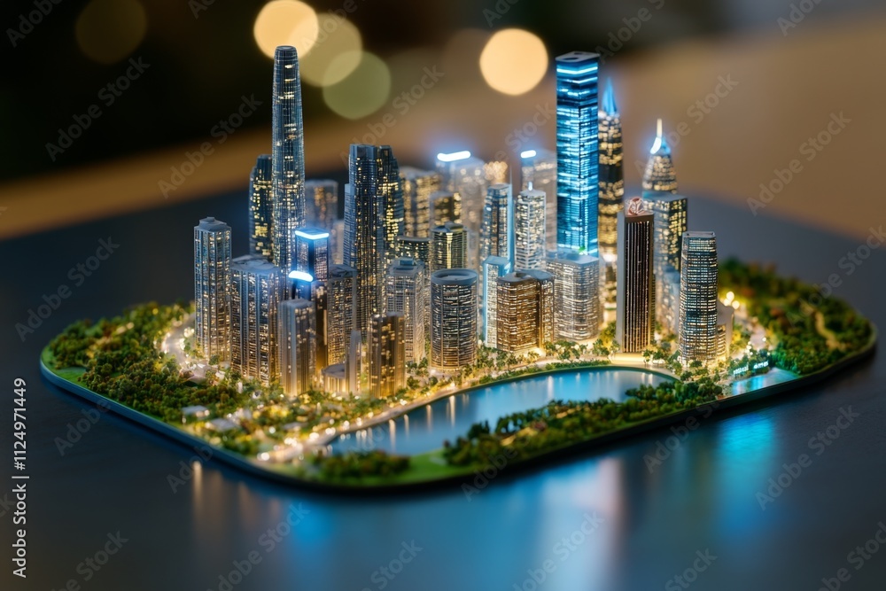 A digital twin representation of a smart city, shown as a 3D hologram ...