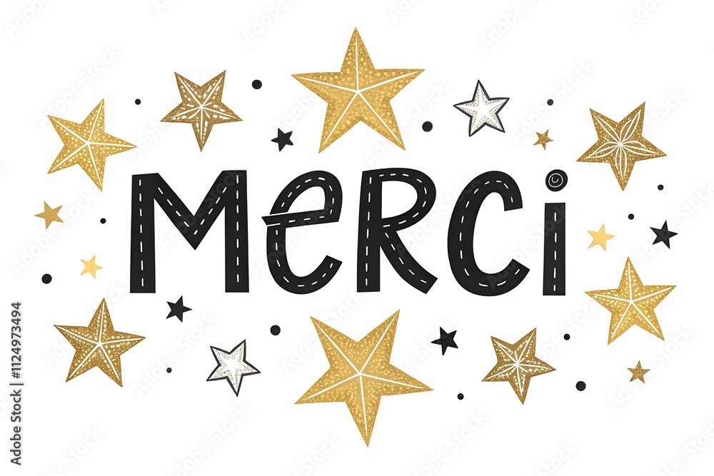Bold “Merci” in black lettering surrounded by glittering gold and ...