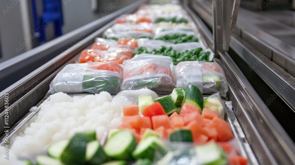 Foto de Stock Frozen food packaging line, vegetables flash-frozen then ...