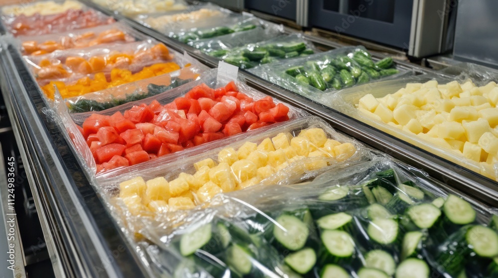 Frozen food packaging line, vegetables flash-frozen then bagged ...