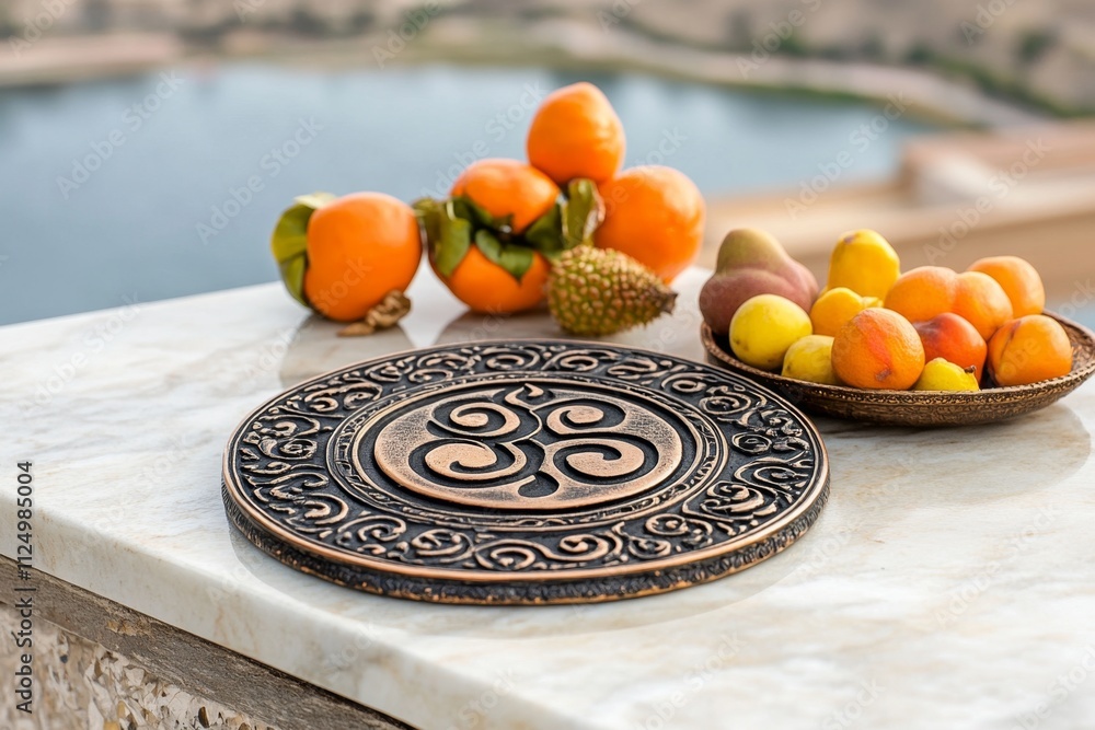 A serene image of an Aum engraved onto a copper plate, placed on a ...