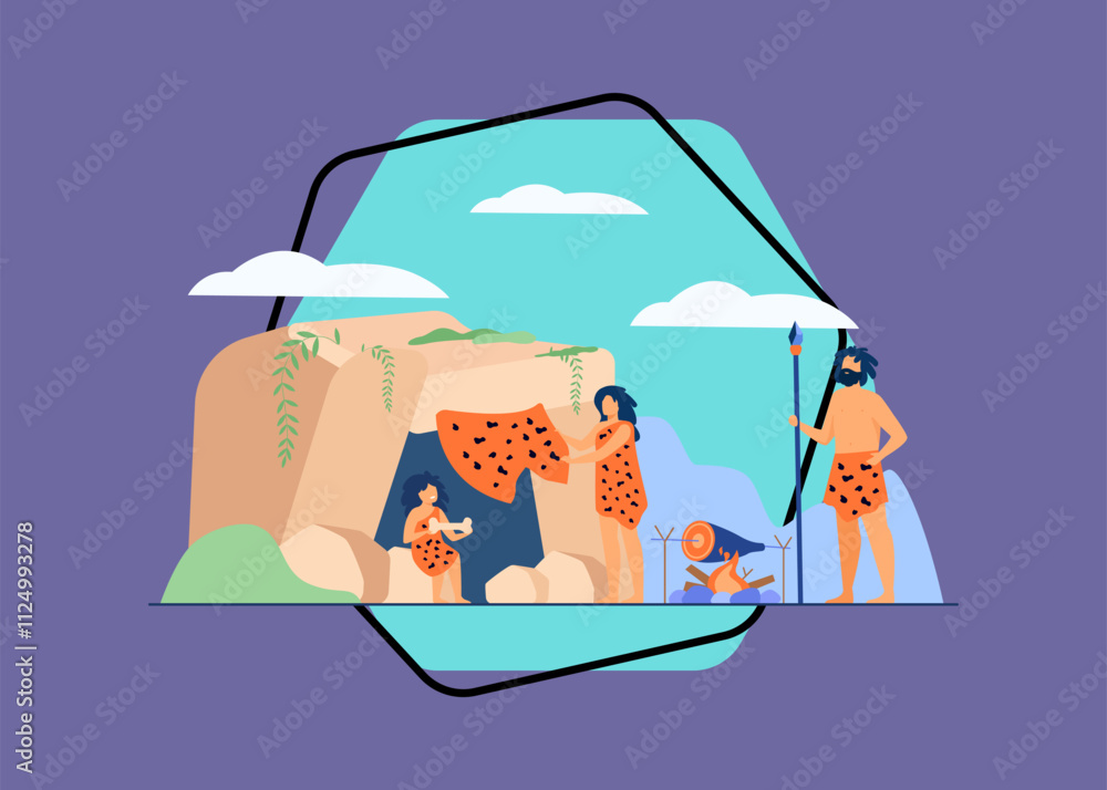 Prehistoric family couple and kid wearing leopard hides, cooking food ...