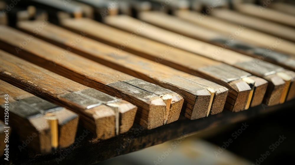 Pencil manufacturing line: wooden slats with grooves, graphite leads ...