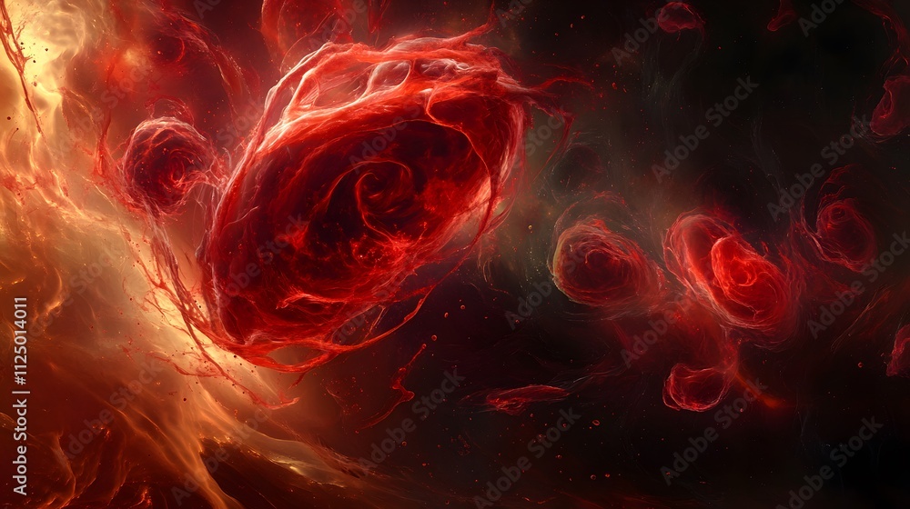 Glowing blood cells morph into alien shapes, each one twisting and ...