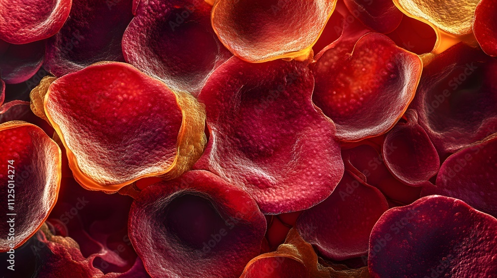 Microscopic blood cells that glow like molten lava, their surfaces ...