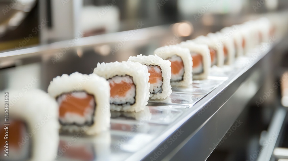 Sushi factory line, rice formed into blocks, fish slices placed ...